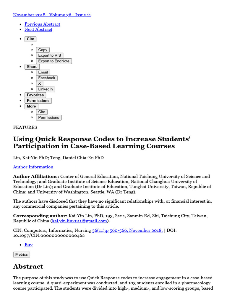 2018 - Using Quick Response Codes To Increase Students' Participation ...