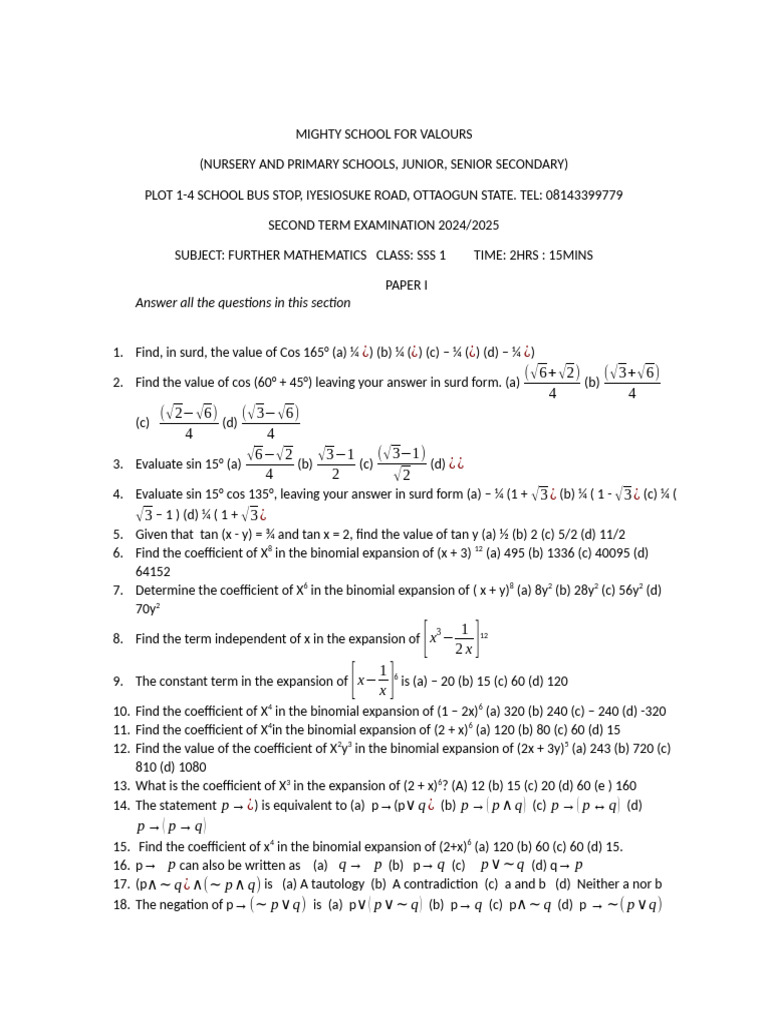 Further Maths Ss2 2nd Term 2025 | PDF | Mathematics