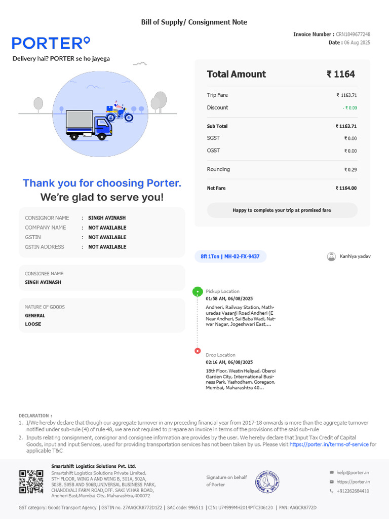 Smartshift Logistics Bill of Supply | PDF