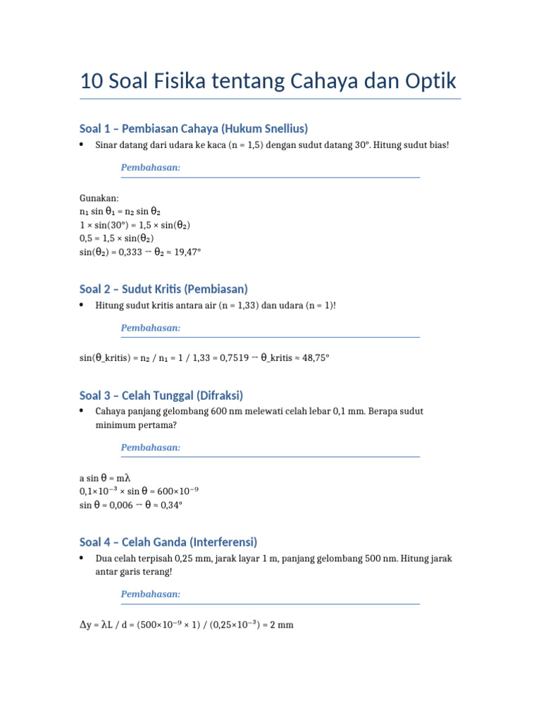 Soal Fisika: Cahaya dan Optik | PDF
