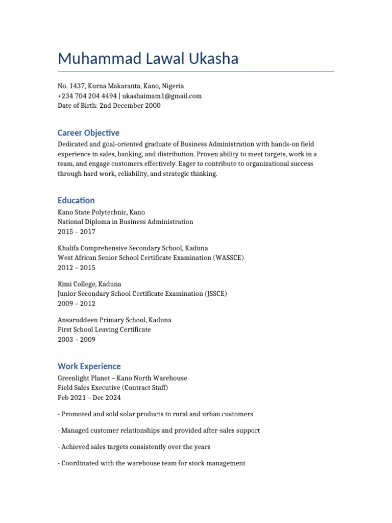 Muhammad Lawal Ukasha CV | PDF