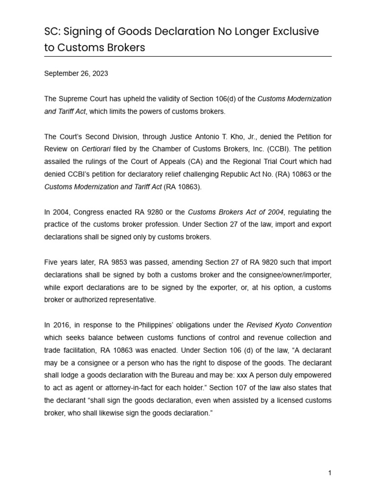SC_ Signing of Goods Declaration No Longer Exclusive to Customs Brokers ...