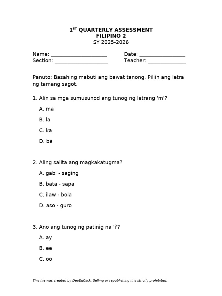 Filipino 2 - 1ST Periodic Test | PDF