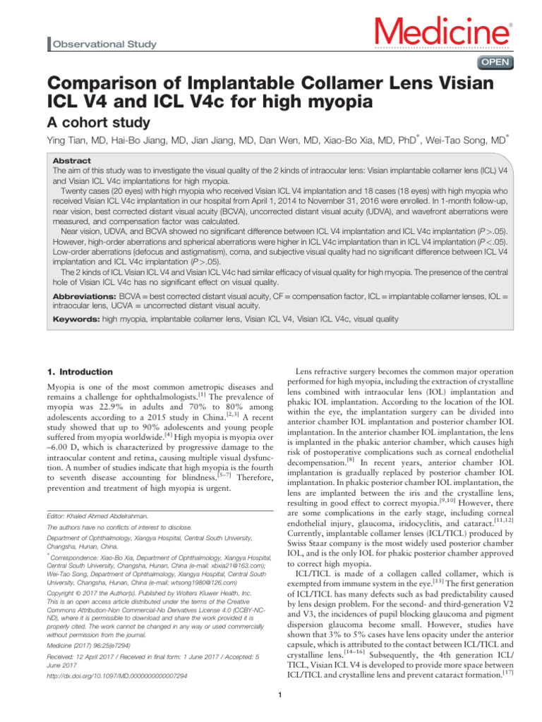 Comparative Study of Visian ICL V4 vs V4c | PDF | Myopia | Vision