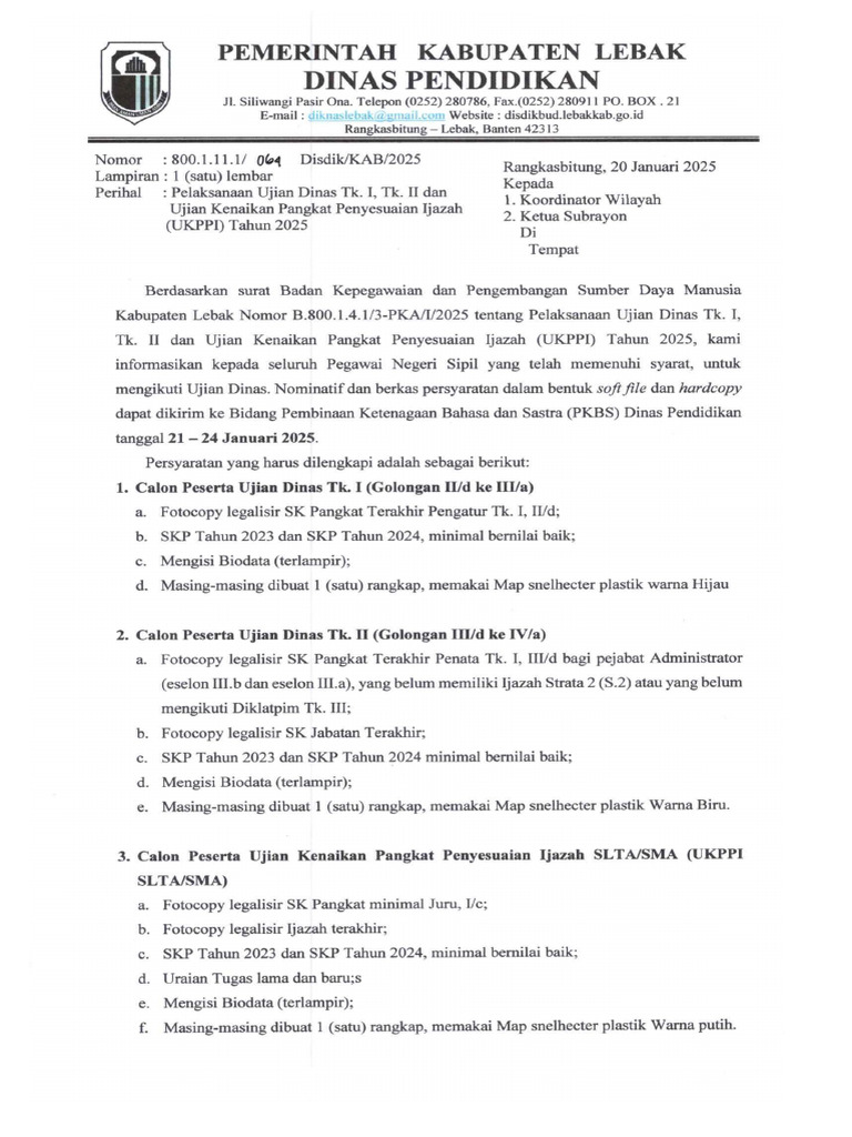 surat edaran ujian dinas 2025 | PDF