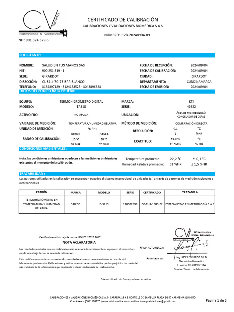 Eq 0036 Termohigrometo Digital CVB 20240904 09 | PDF | Calibración ...