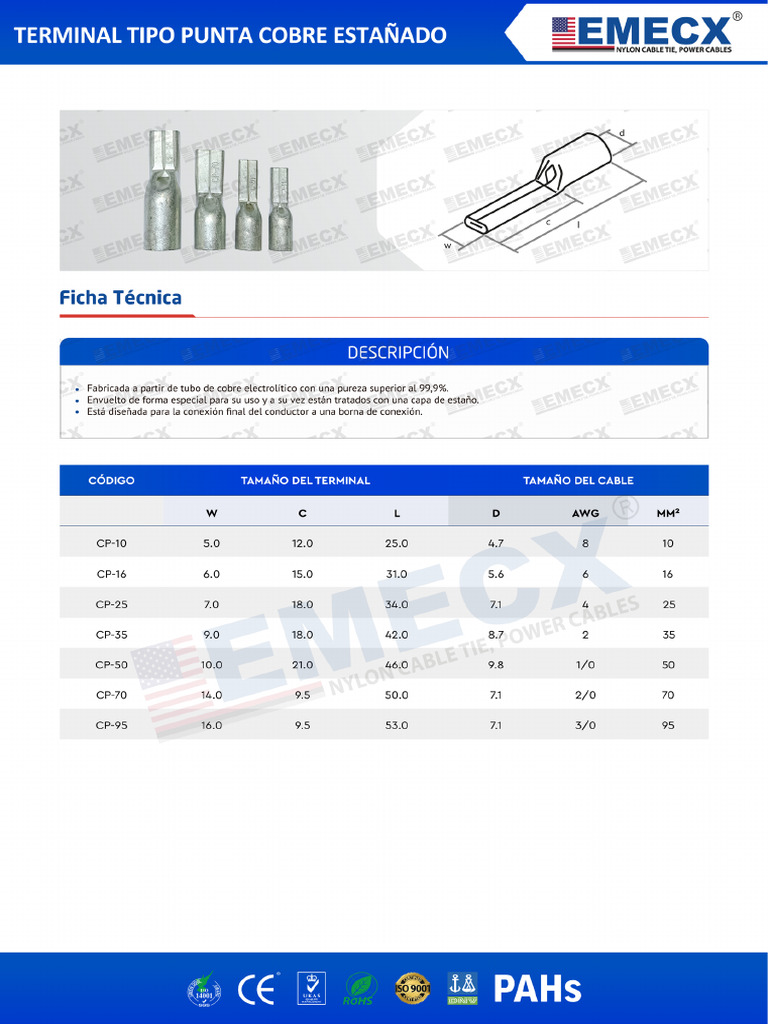 FICHA TECNICA Terminal Tipo Punta Cobre Estanado | PDF