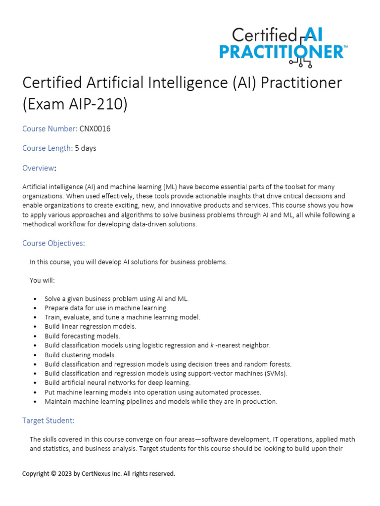 CertNexus-Certified-Artificial-Intelligence-Practitioner-AIP-210-Course-Outline | PDF | Machine ...
