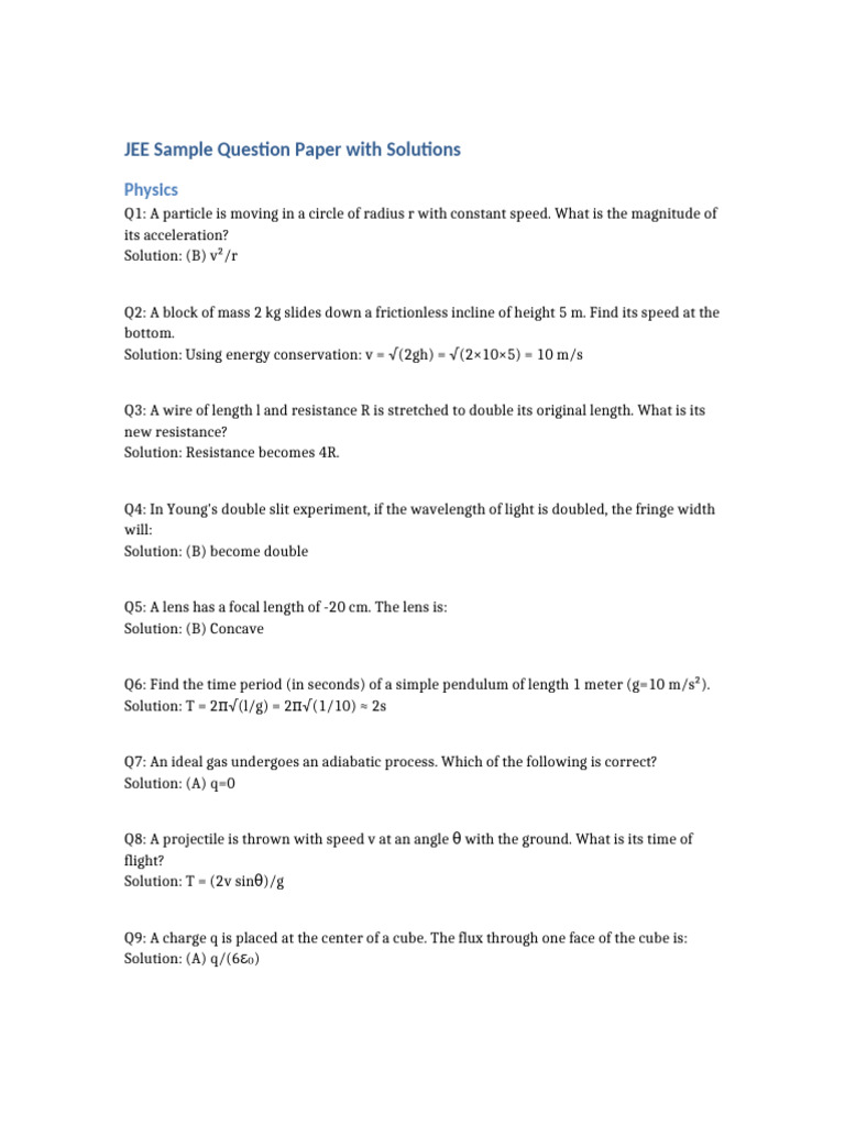 Jee Sample Question Paper With Solutions | PDF | Physics | Applied And ...