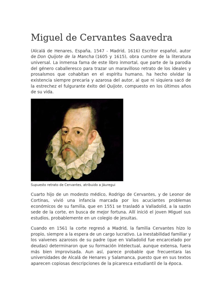 Vida y obra de Miguel de Cervantes | PDF | Miguel De Cervantes | Don ...