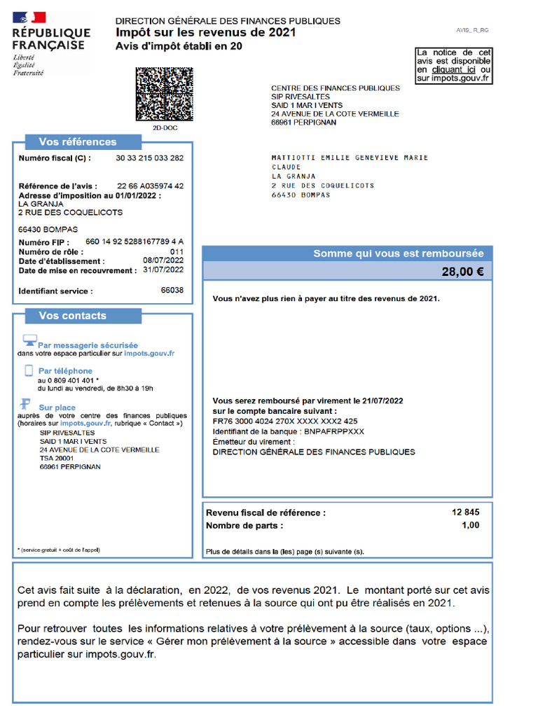 Avis D Impot 2022 Sur Les Revenus 2021 Biffé | PDF