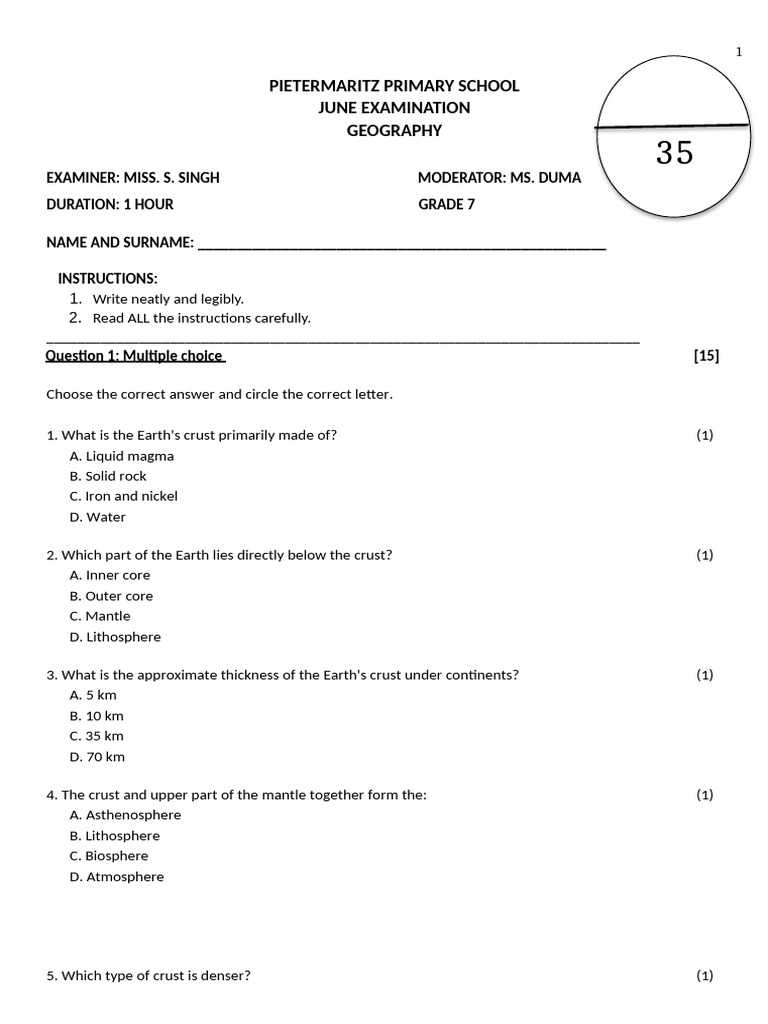 Grade 7 Geography June Exam 2023 | PDF | Crust (Geology) | Plate Tectonics