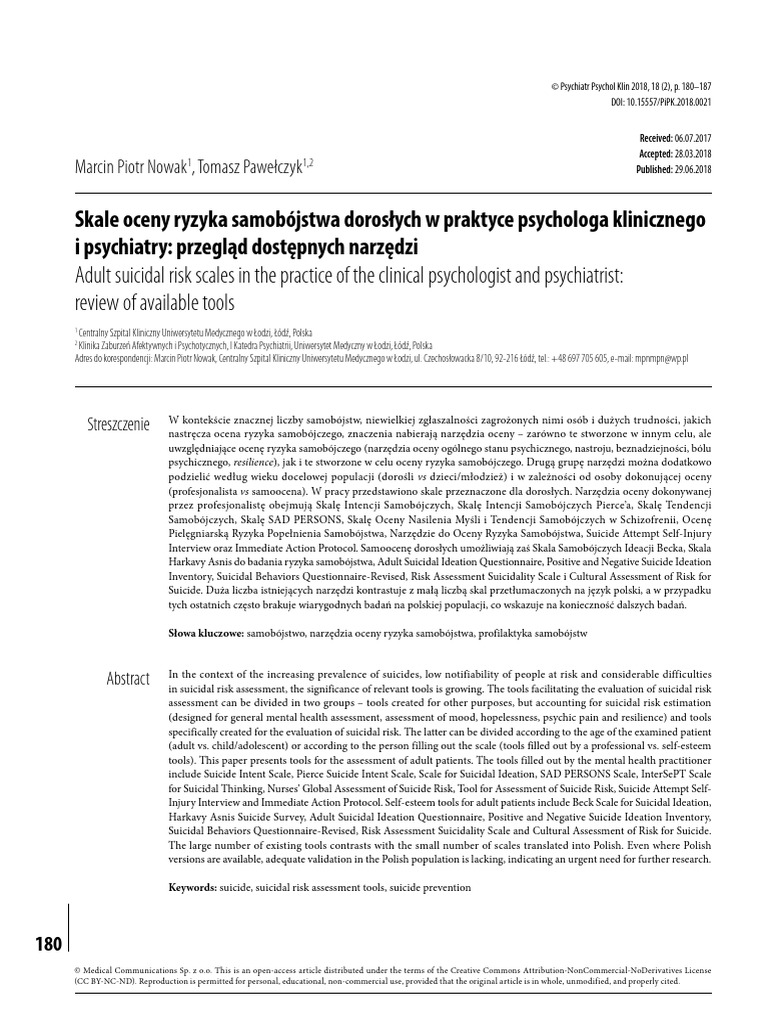 Skale Oceny Ryzyka Samobójstwa | PDF