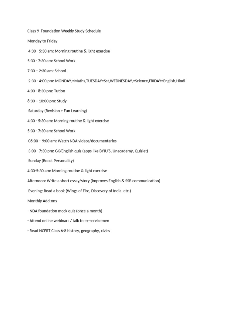 Class 9 Foundation Weekly Study Schedule | PDF