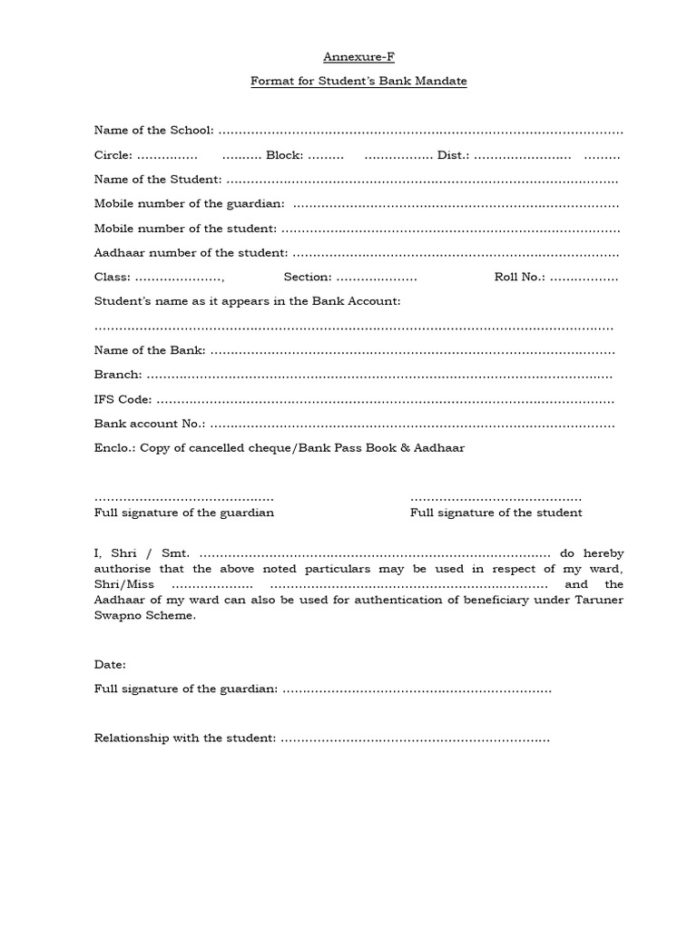 Student Bank Mandate Format 2025 | PDF