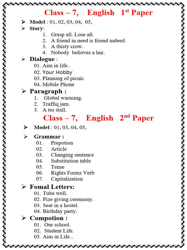 Class 7, English 1 Paper: Dialogue | PDF