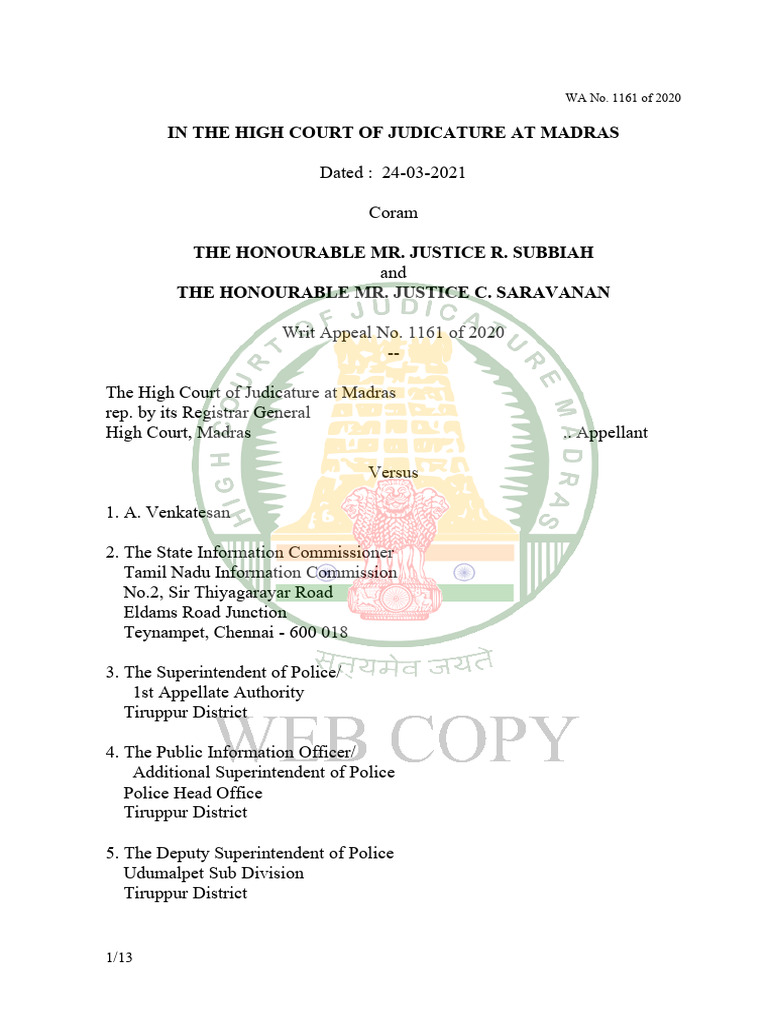 Subbiah 24.3.21 WA 1161 of 2020 | PDF | Judge | Appeal