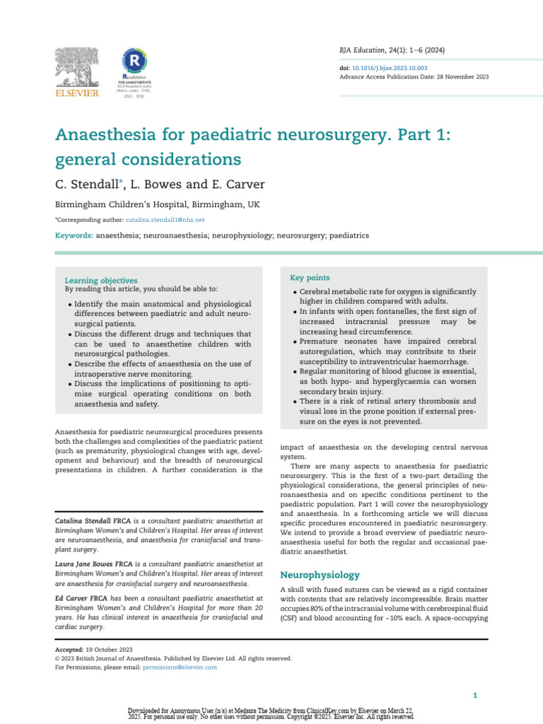 Paediatric Neurosurgery Anaesthesia Overview | PDF | Neurosurgery ...