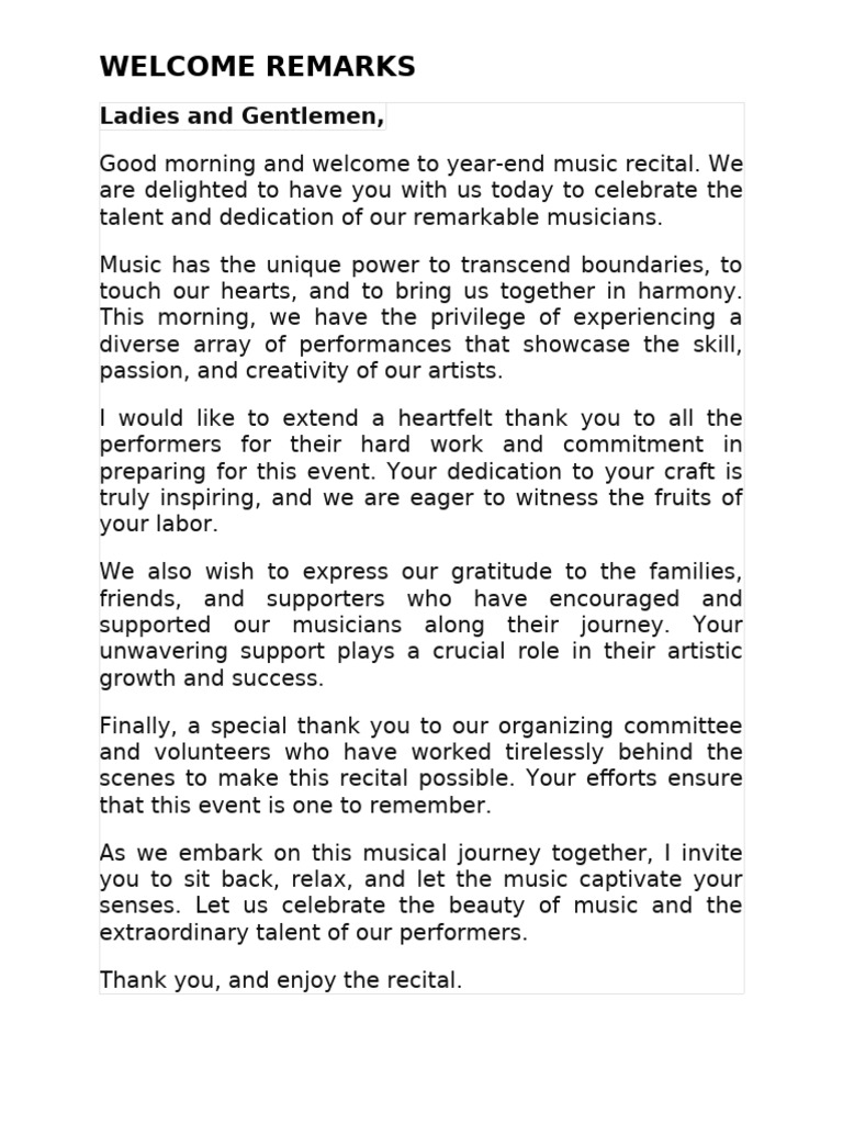 Year-End Music Recital Welcome Speech | PDF