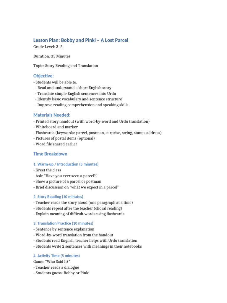 Bobby and Pinki Lesson Plan | PDF