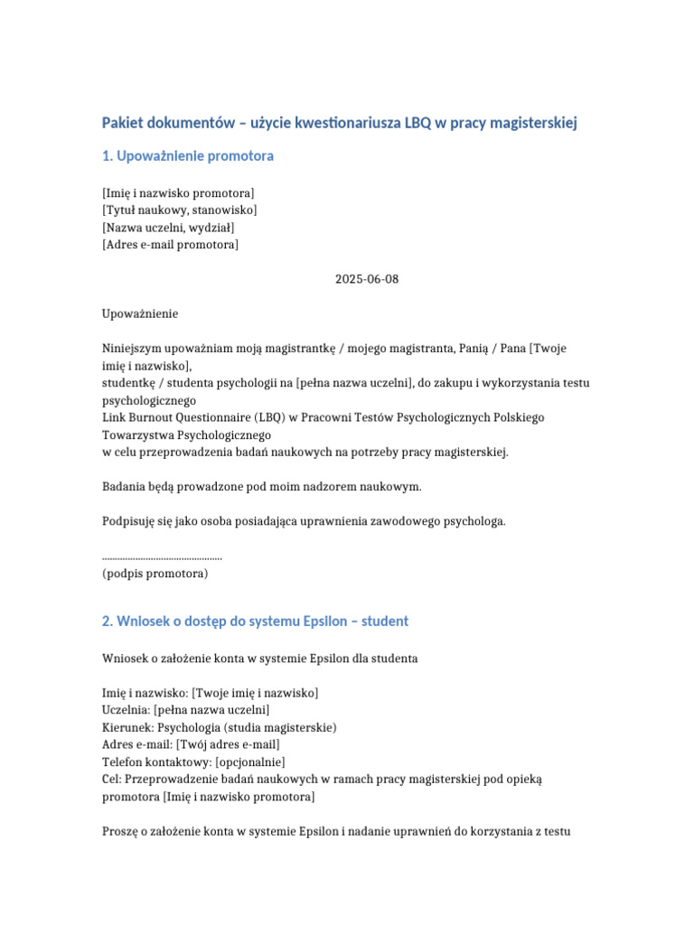 Pakiet Dokumentow LBQ Student | PDF