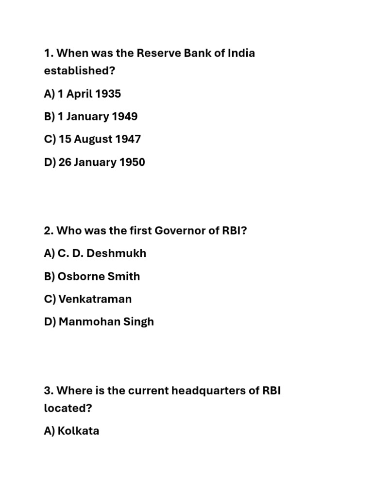 Reserve Bank of India Quiz Questions | PDF