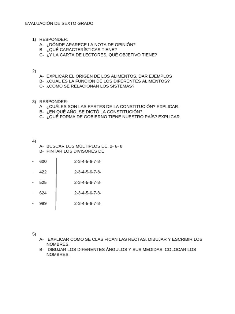 Evaluación de Sexto Grado: Temas Clave | PDF