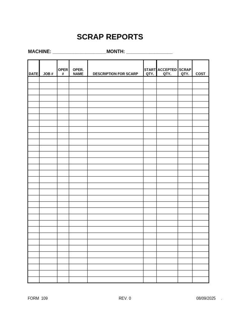 FORM 109 Scrap Report Rev-0 | PDF