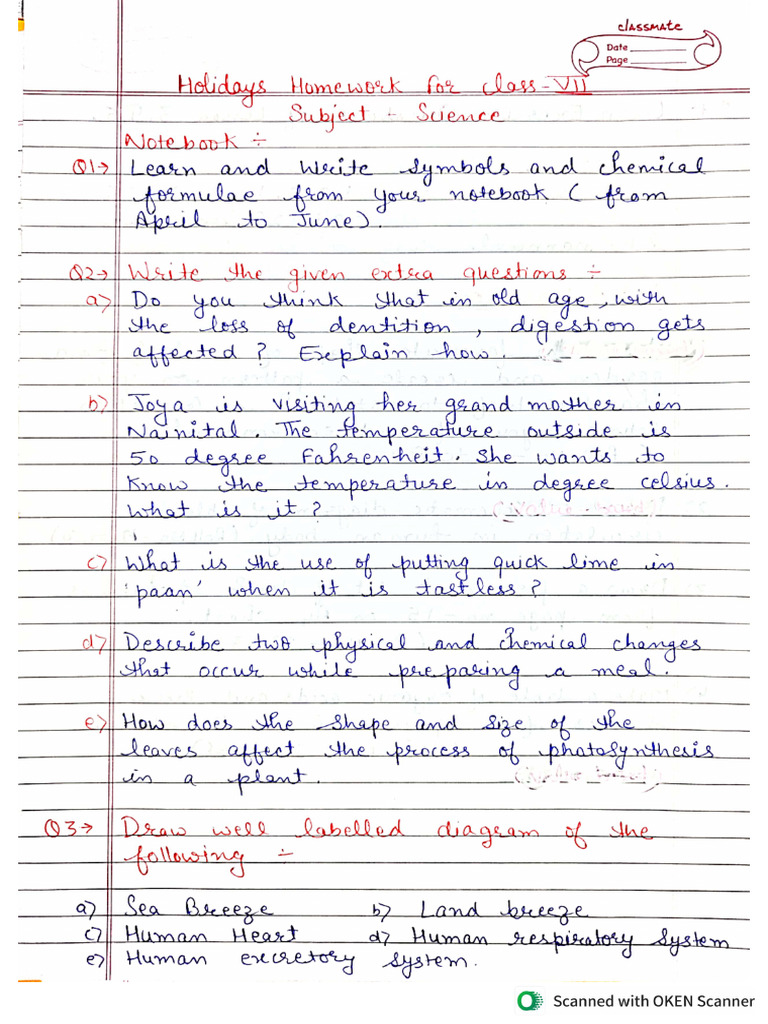 Class-VII, Subject - Science, Holidays Homework | PDF