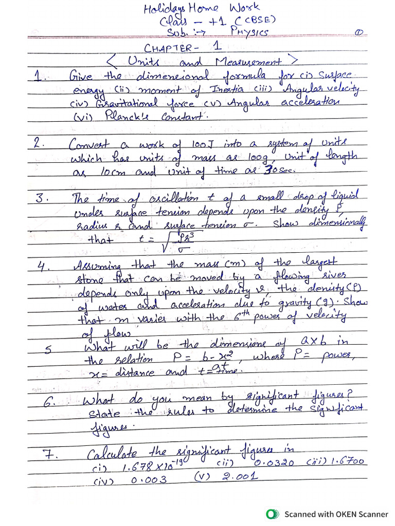 Class-11th (CBSE), Subject - Physics, Holidays Homework | PDF