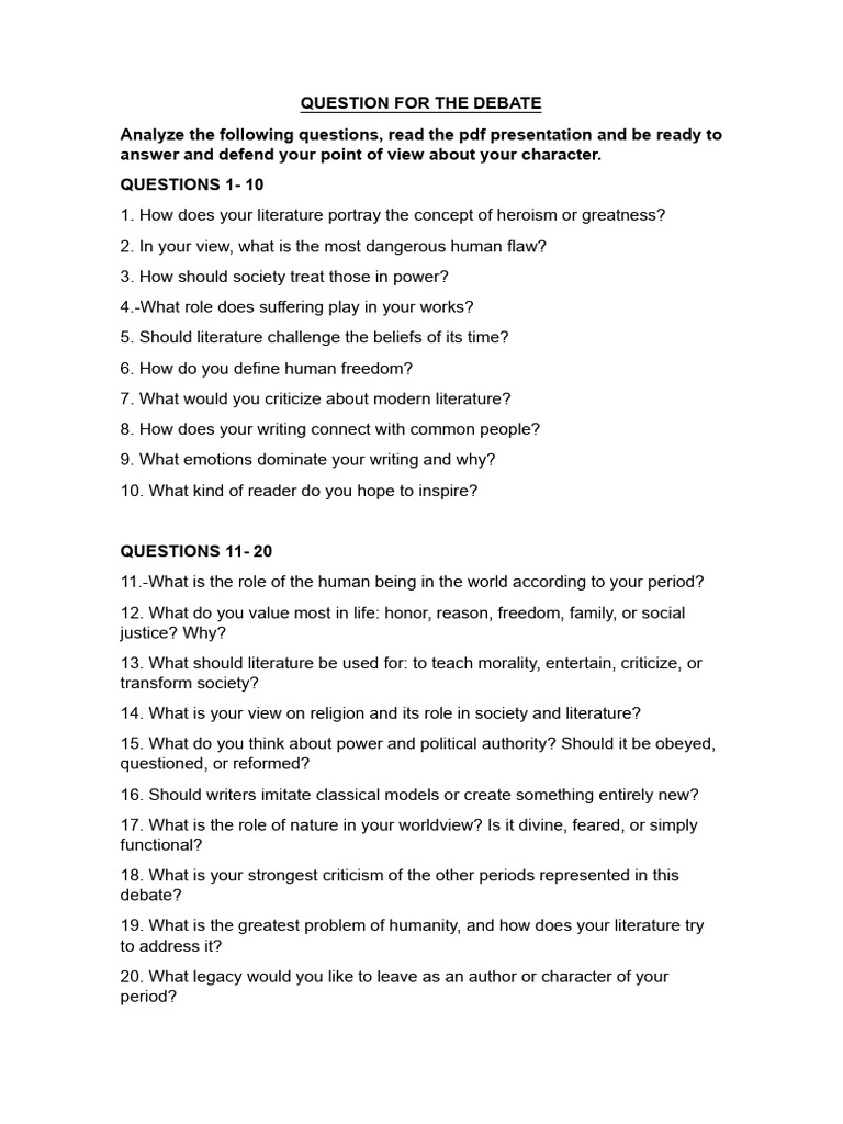 Debate Questions on Literature and Society | PDF