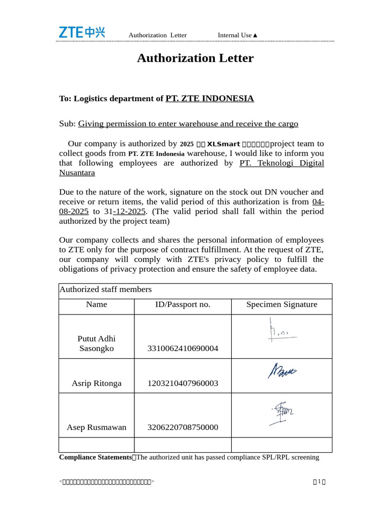 ANNEX A Authorization Letter For Pick-Up Person | PDF