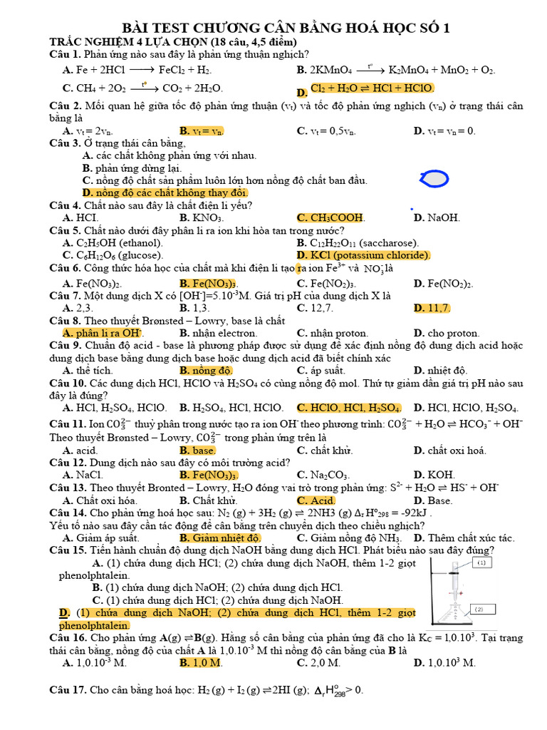 BÀI TEST CHƯƠNG CÂN BẰNG HOÁ HỌC SỐ 1 (1) | PDF