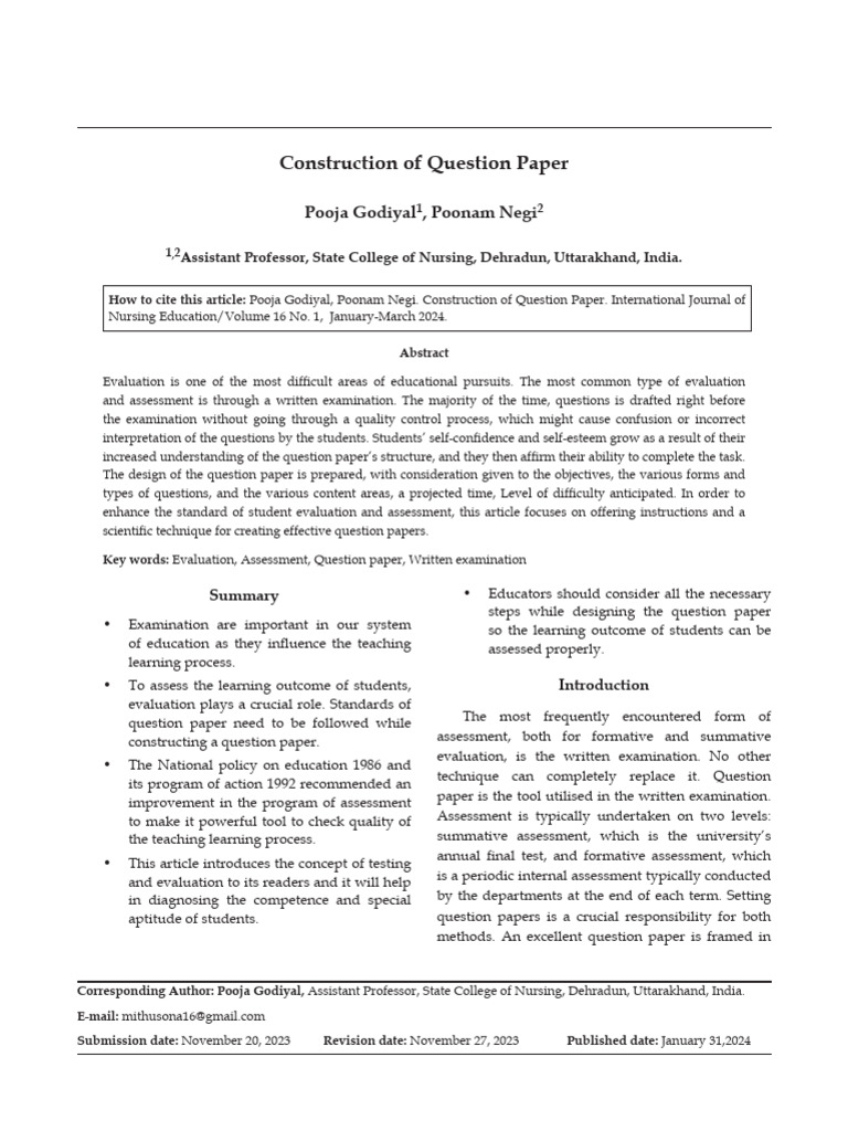 Construction of Question Paper | PDF | Educational Assessment | Evaluation