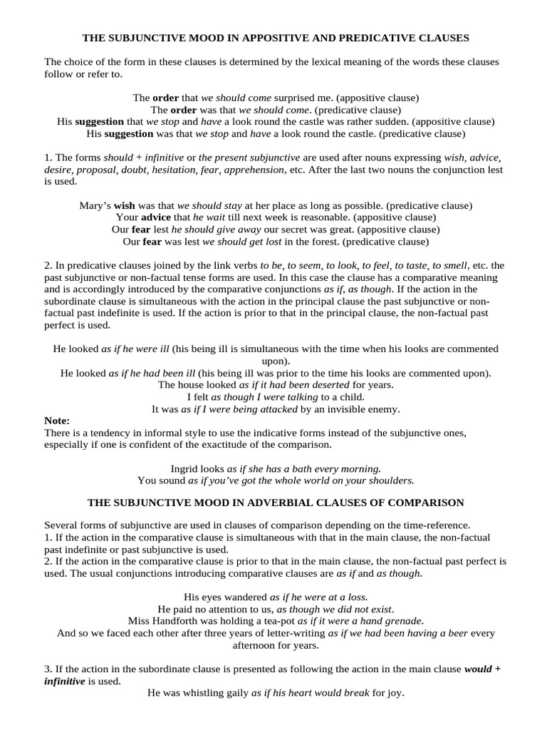 The Subjunctive Mood in Appositive and Predicative Clauses | PDF ...