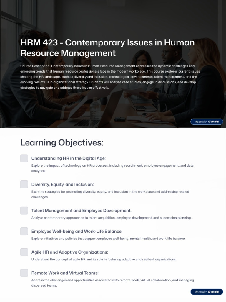 HRM 423 Contemporary Issues in Human Resource Management | PDF | Human ...