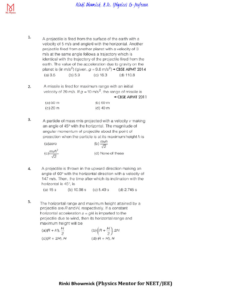 Projectile Motion and Relative Velocity - MCQ | PDF