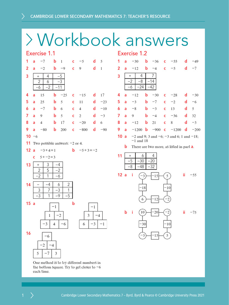Cambridge Lower Secondary Mathematics 7 Workbook Answers | PDF ...