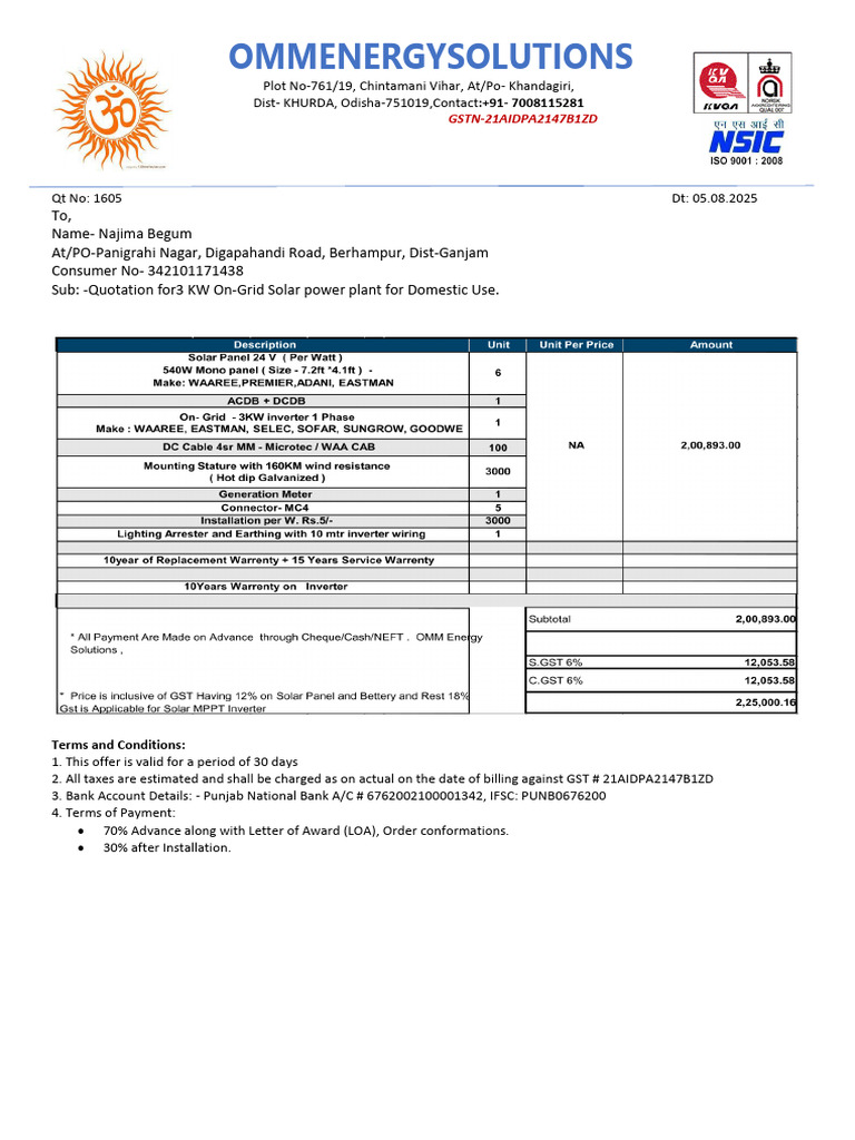 Quotation for Najima Begum's Solar Plant | PDF | Electric Power