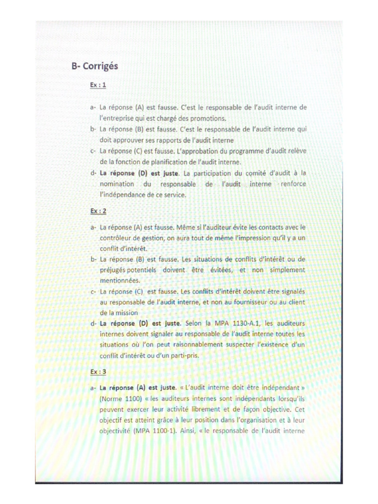 B-CorrigÃ© S Exercices QCM Audit Interne | PDF