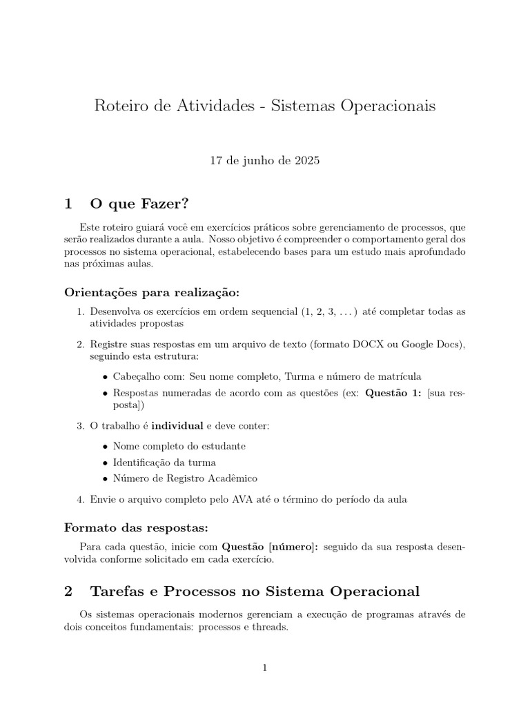 Roteiro de Atividade Sistemas Operacionais 2 | PDF | Thread (informática) | Processo (informática)