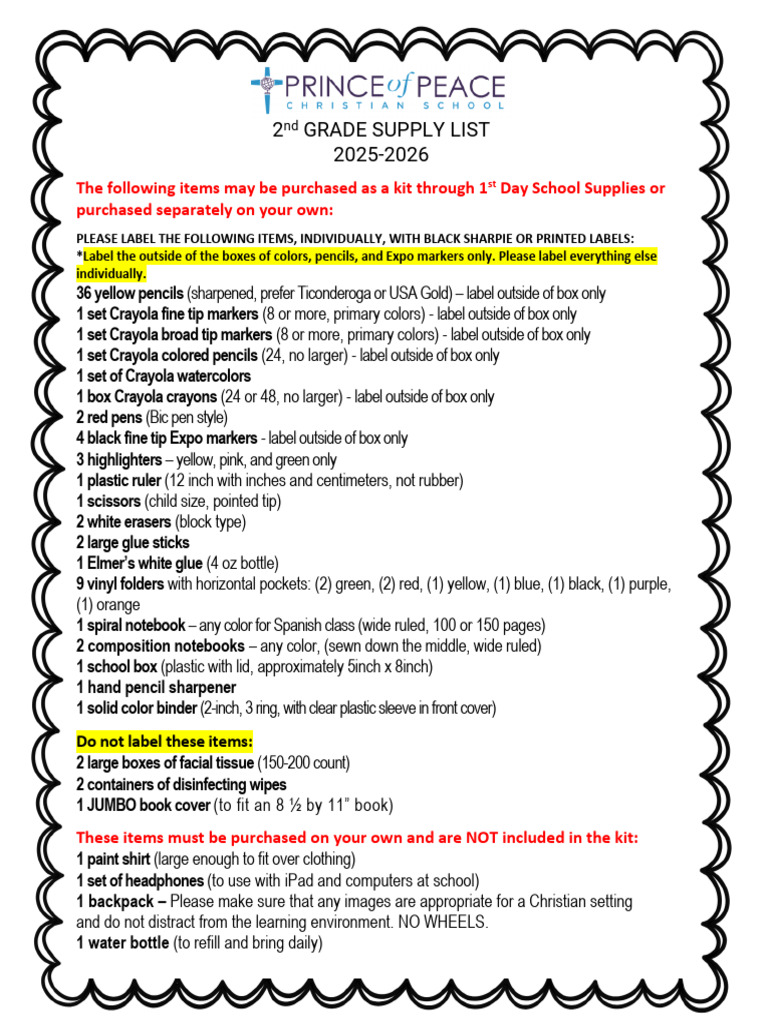 2nd Grade School Supply List | PDF