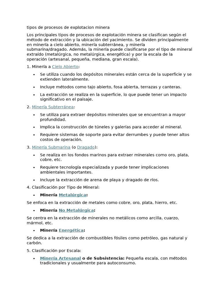 Tipos de Procesos de Explotacion Minera | PDF | Minería | Metalurgia
