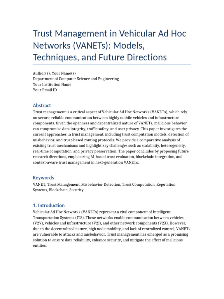 Trust Management in VANET Research Paper | PDF | Wireless Ad Hoc ...