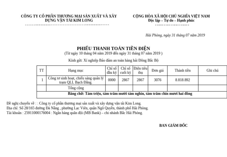 Phieu Thanh Toan Tien Dien | PDF