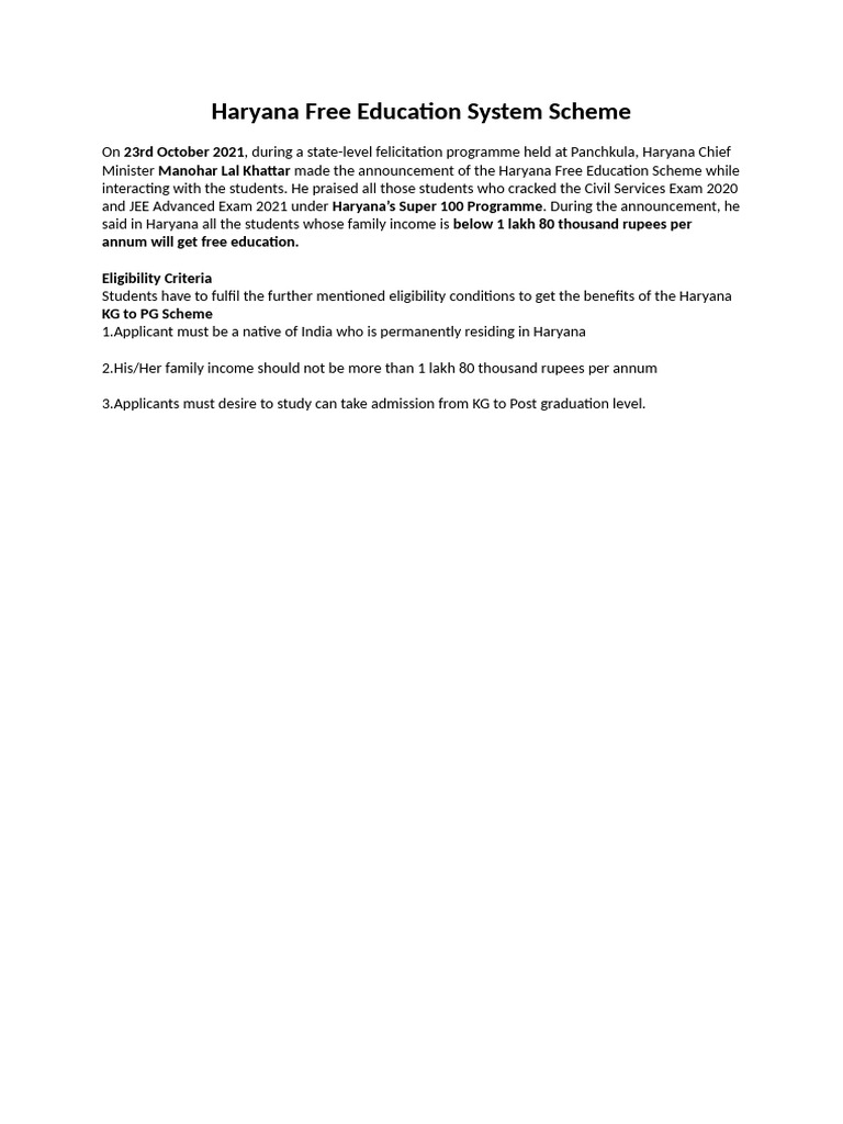 Haryana Free Education Scheme Details | PDF