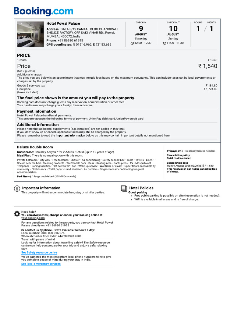 Booking Confirmation | PDF | Fee | Payments