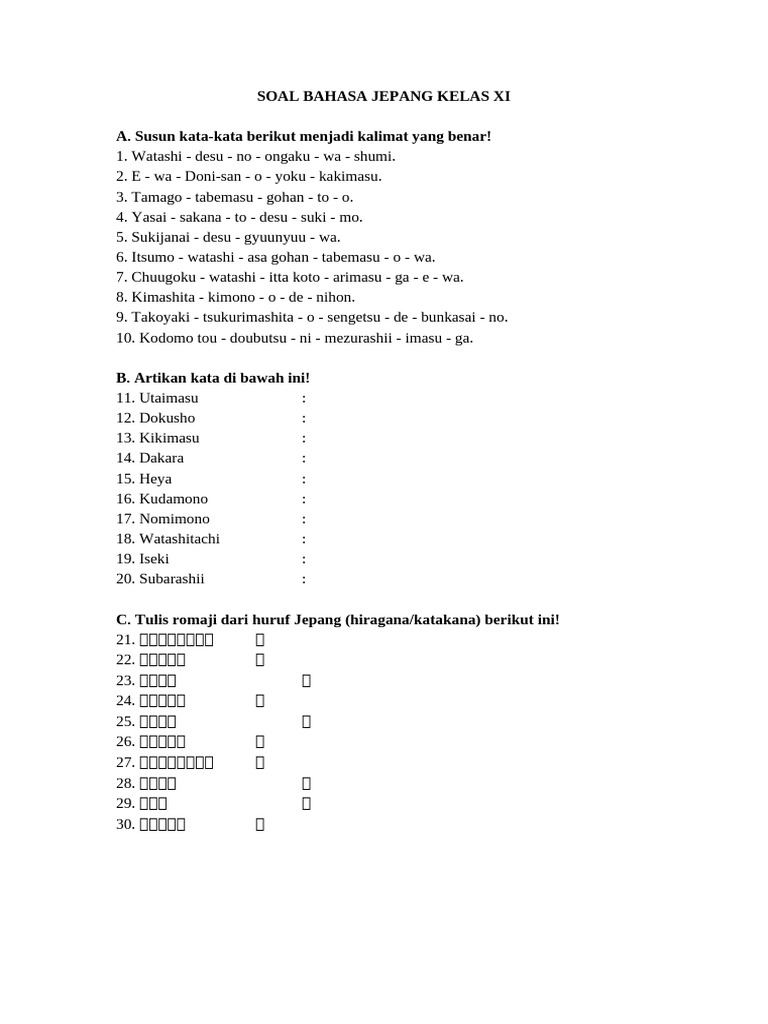 Soal Pts Bahasa Jepang Kelas Xi | PDF