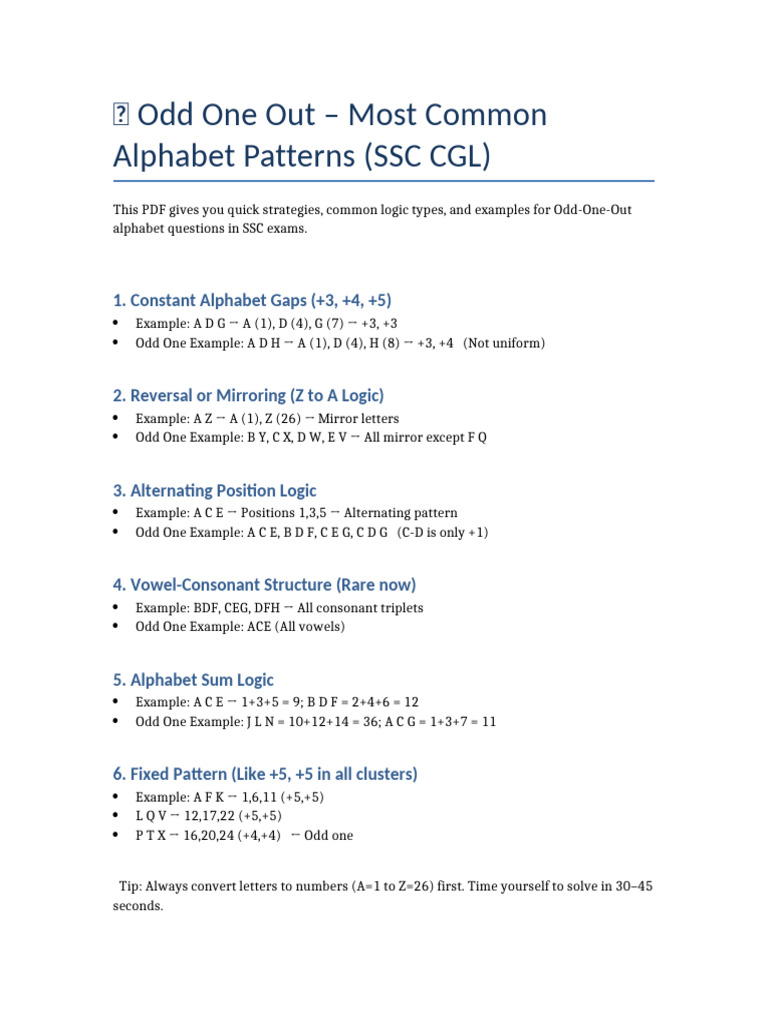 Odd One Out Patterns Ssc Cgl Pdf