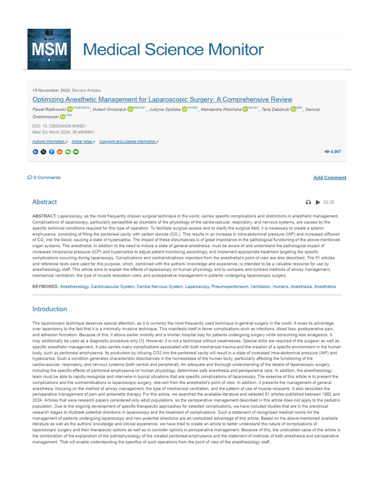 Medical Science Monitor Optimizing Anesthetic Management For ...